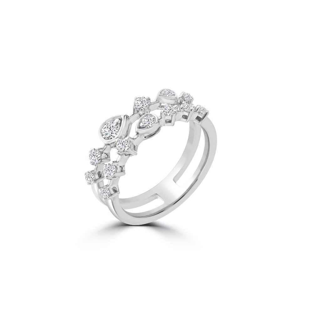 Dual Band Diamond Pebble Ring In 18K White Gold - EJI